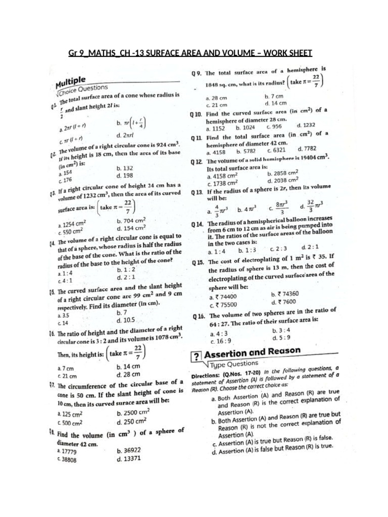 Grade 9 Maths: Surface Area & Volume Worksheet | PDF | Sphere | Area