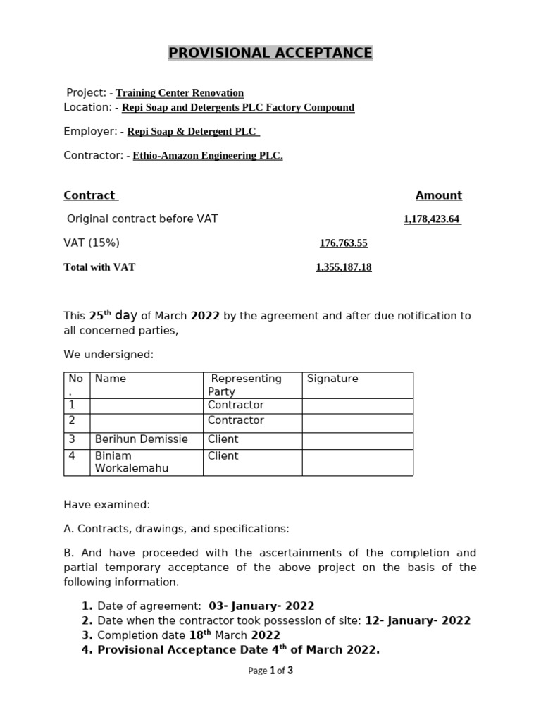 Provisional Acceptance for Training Center Renovation | PDF | Private ...