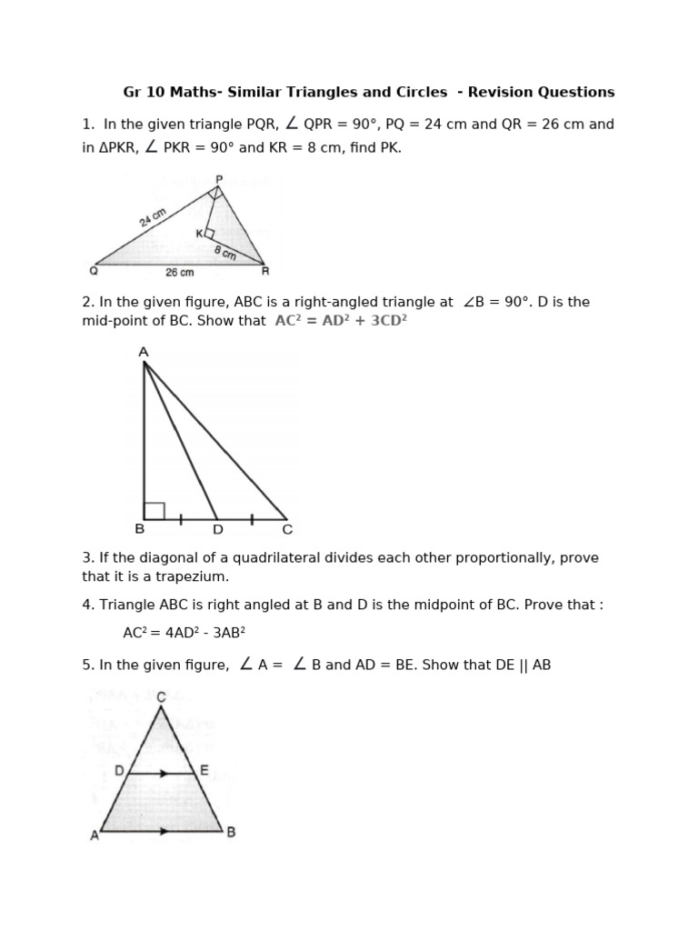 GR 10 Revision Questions-Similar Triangles and Circles | PDF | Circle ...