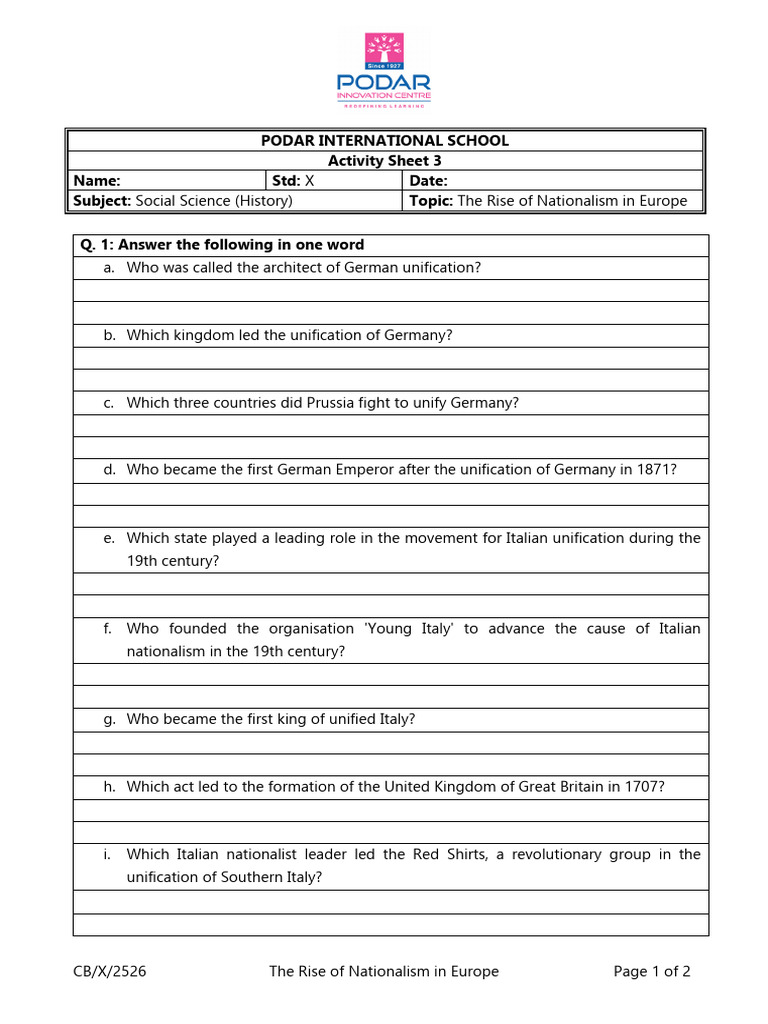 QP - Activity Sheet3 - CB - X - SSC - The Rise of Nationalism in Europe ...