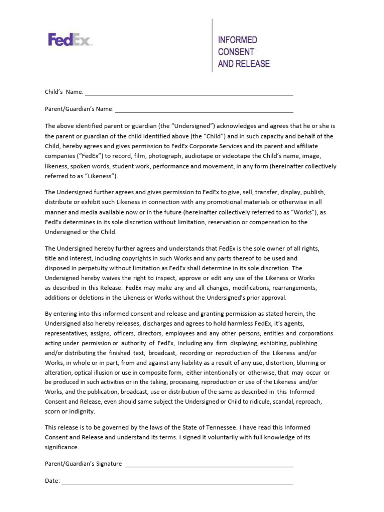 FedEx Child Likeness Release Form | PDF | Private Law