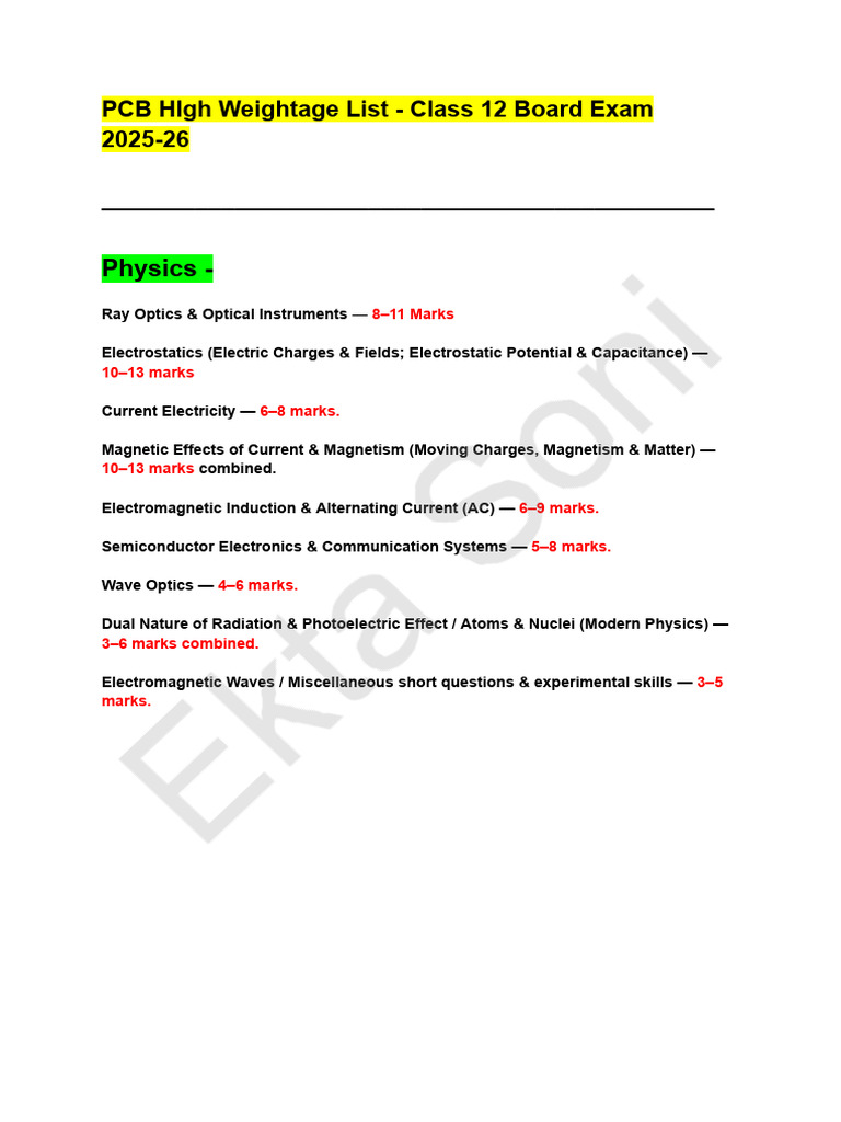 Class 12 PCB High Weightage Topics 2025-26 | PDF | Chemistry | Physical ...