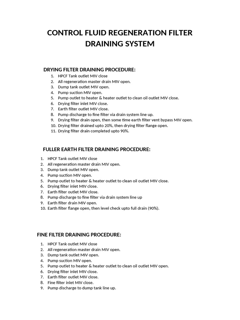 Control Fluid Regeneration Fliter Draining Procedure | PDF