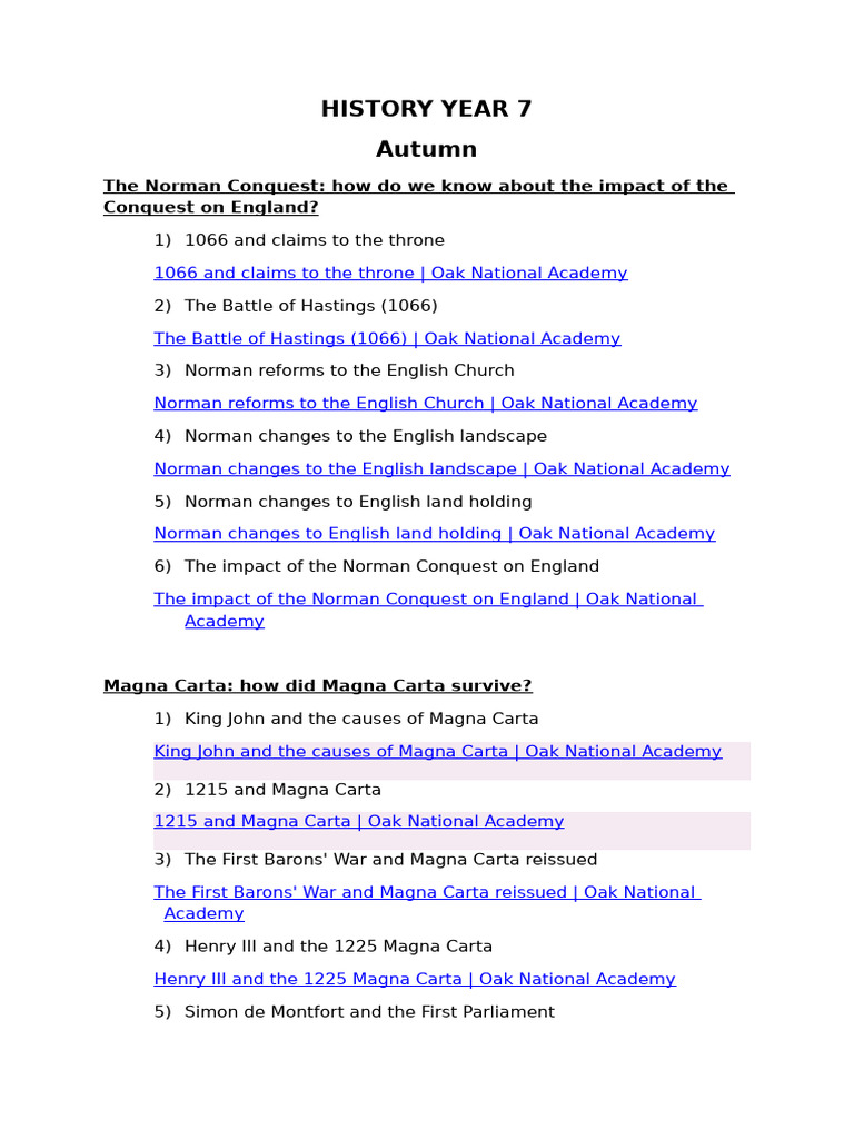 History YEAR 7 Autumn | PDF | Normans | Magna Carta