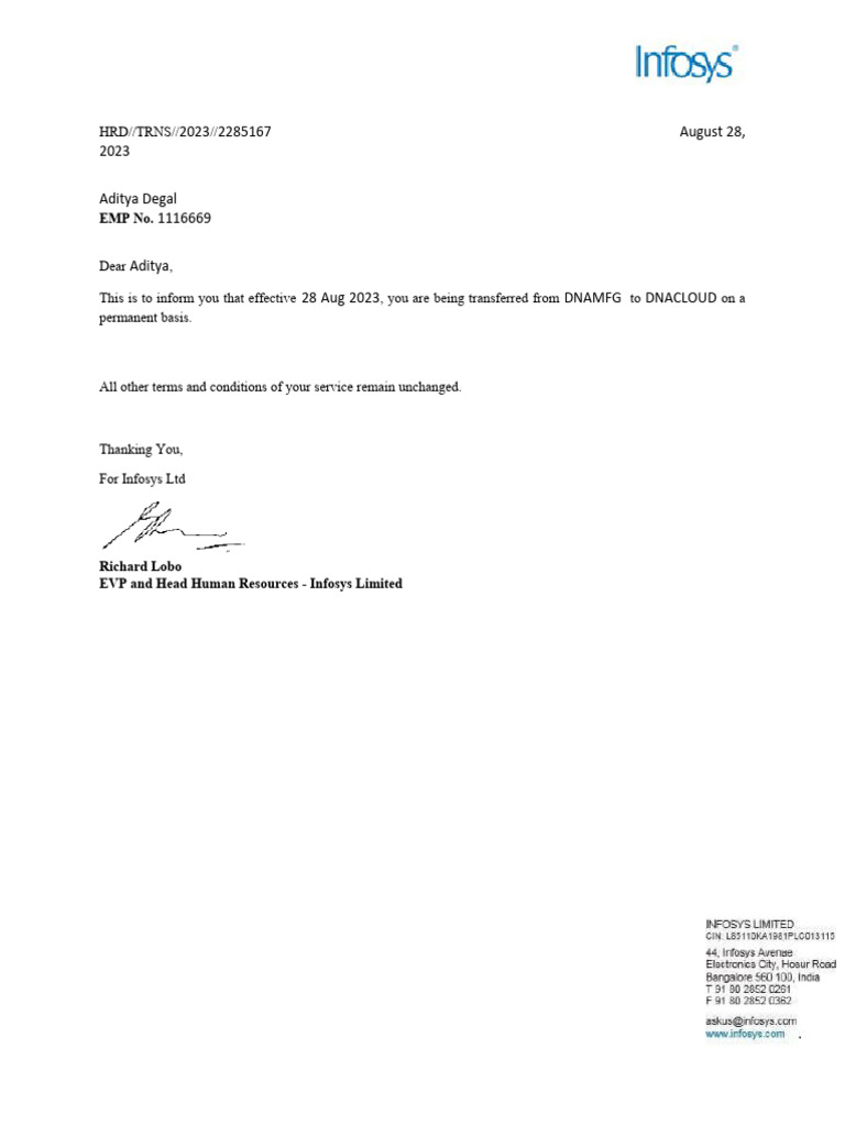 Transfer Letters | PDF