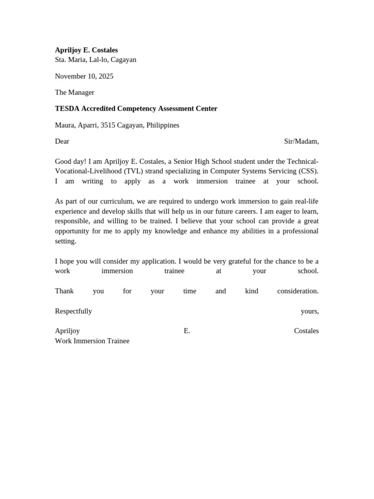 Work Immersion Application Letter | PDF