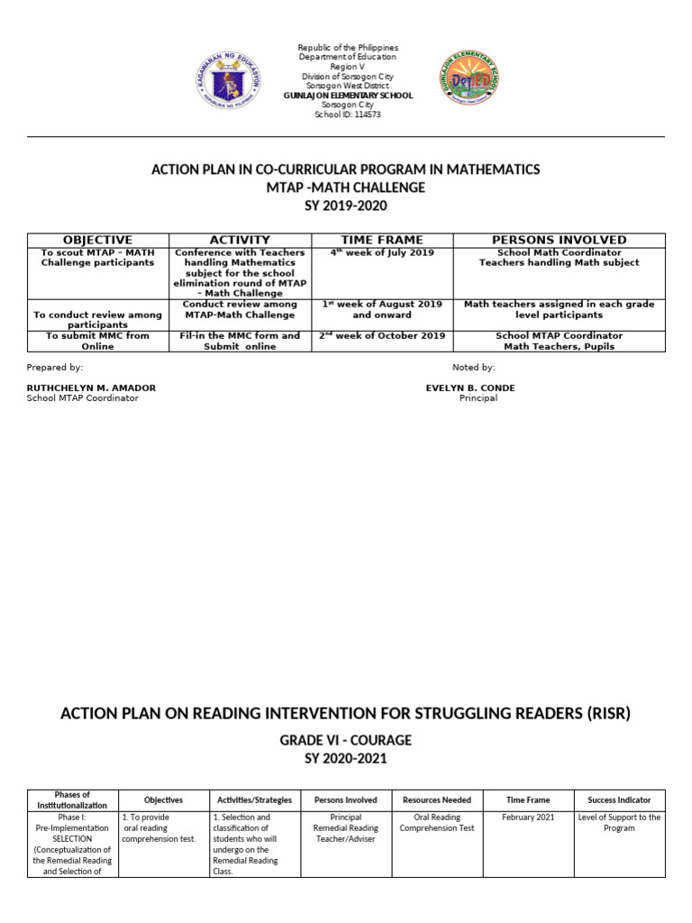 ACTION PLAN ON READING INTERVENTION FOR STRUGGLING READERS | PDF ...