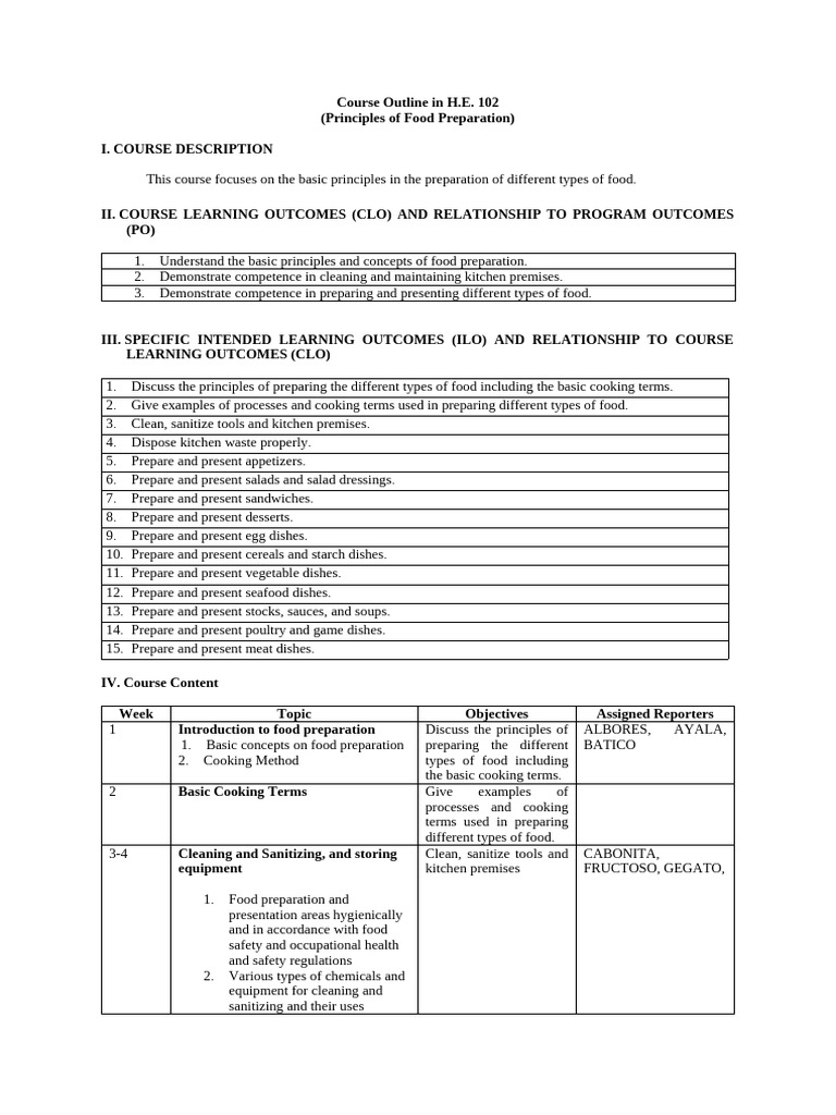 Food Preparation Principles Course Outline | PDF | Soup | Cooking