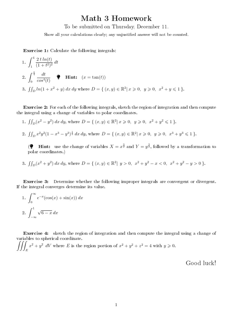 Math 3 Homework: Integral Calculations | PDF