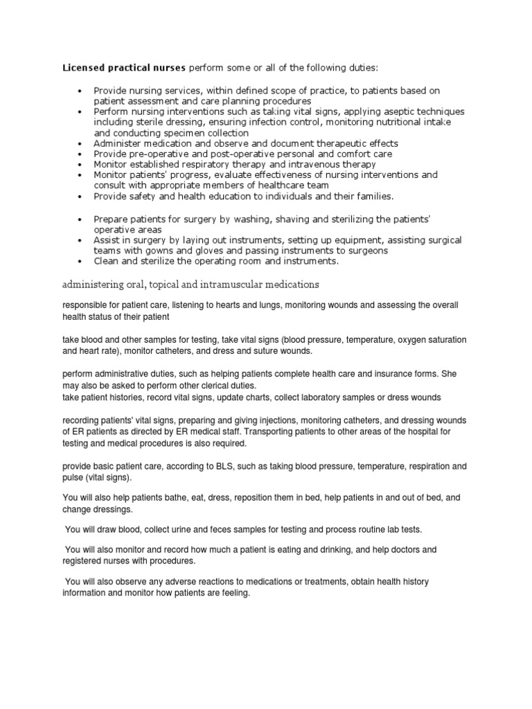 Licensed Practical Nurse Duties | PDF | Monitoring (Medicine) | Nursing