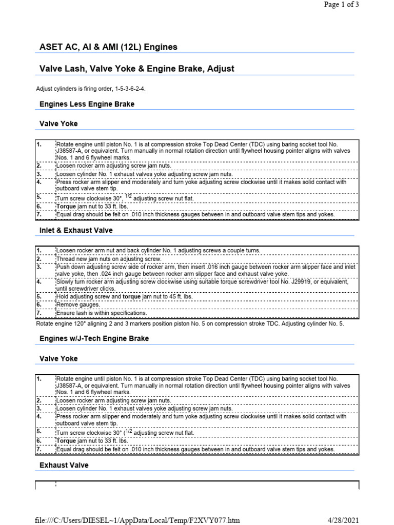2007 Mack Valve Lash Adjustments and Toruqe | PDF | Screw | Valve