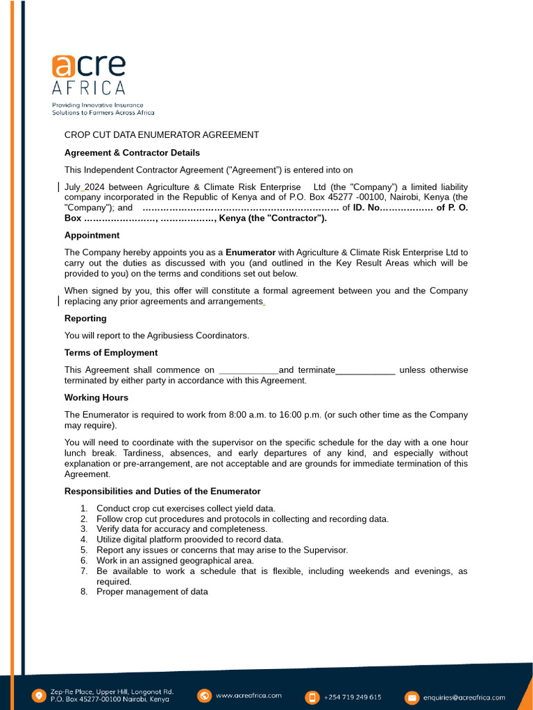 Crop Cut Data Enumerator Agreement | PDF | Civil Law (Legal System ...