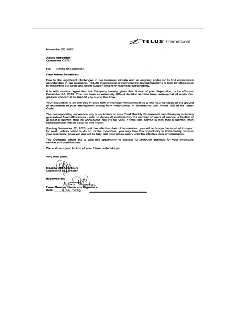 Severance Notice and Breakdown - Adora Sebastian | PDF