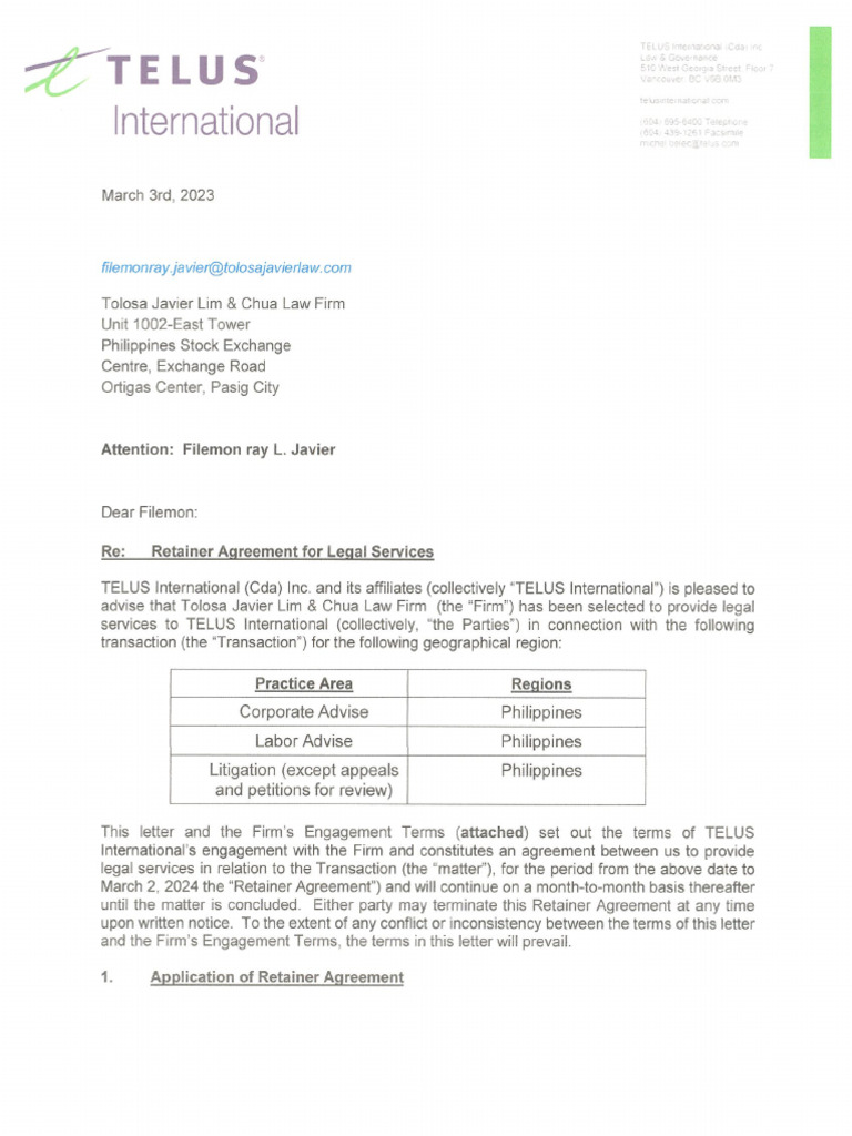 Tolosa Retainer Agreement Rev | PDF