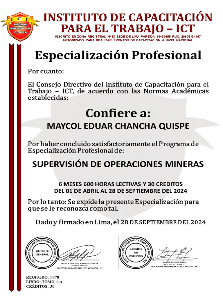 Supervisión de Operaciones Mineras - Maycol Eduar Chancha Quispe - Especializacion | PDF