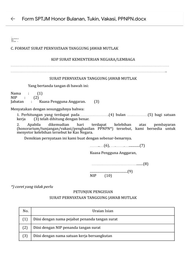 Form SPTJM Honor Bulanan, Tukin, Vakasi, PPNPN.docx | PDF