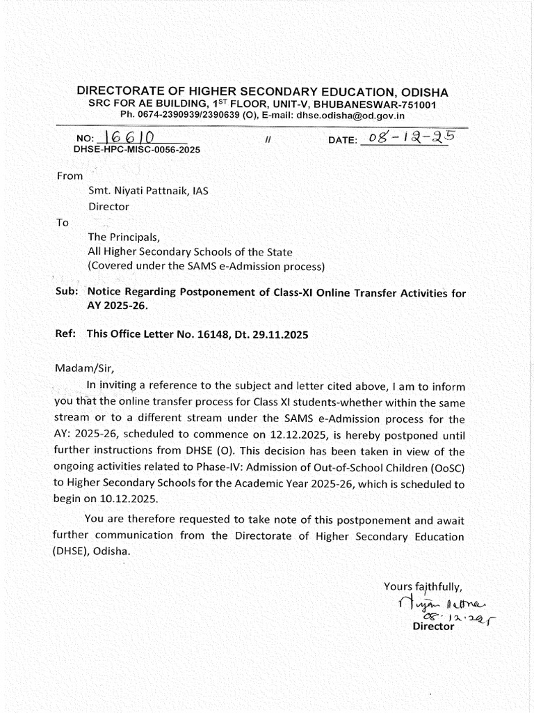 Postponement of Class XI Online Transfer Activities For AY - 2025-26 | PDF