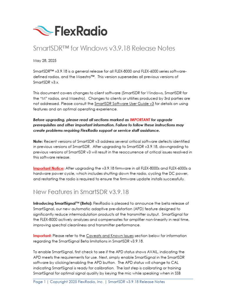 SmartSDR v3.9.18 Release Notes | PDF | Booting | Microsoft Windows