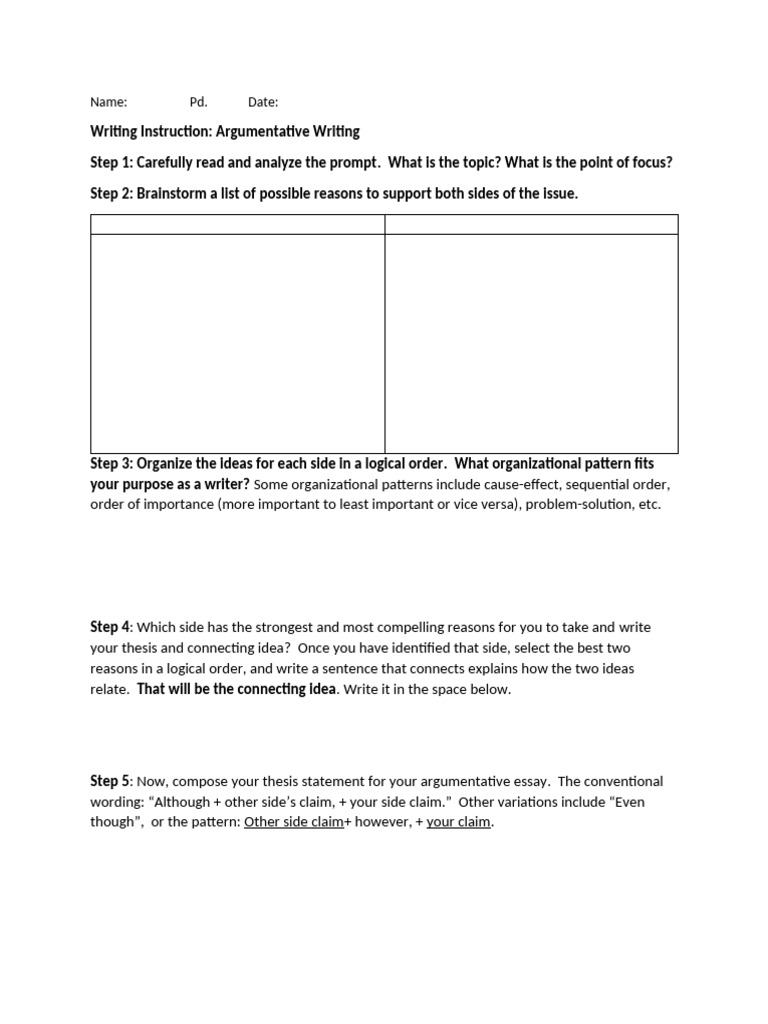 Argumentative Writing Pre-Writing Step-By-Step Lesson | PDF