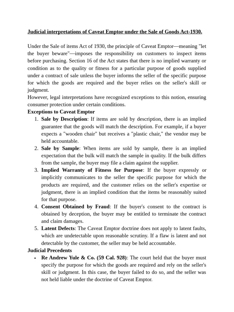 Judicial Interpretations of Caveat Emptor Under The Sale of Goods Act ...