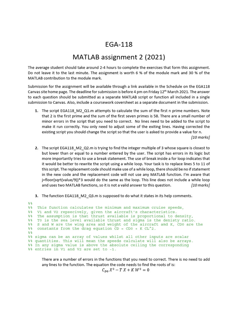 EGA118_Matlab_Assignment_2 (1) | PDF | Multiplication | Control Flow