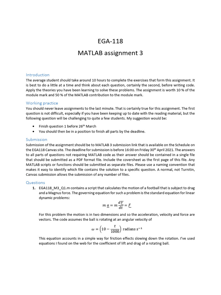 EGA118 Matlab Assignment 3 | PDF | Force | Lift (Force)