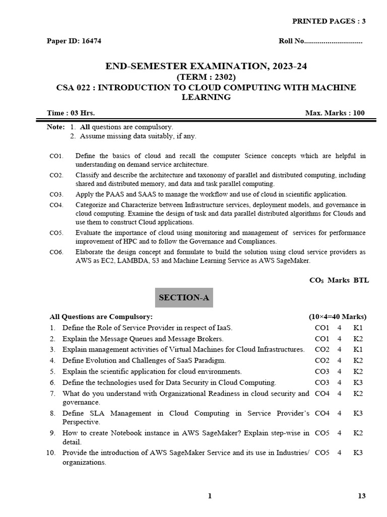Csa 022 Introduction to Cloud Computing With Machine Learning 2023-24 ...