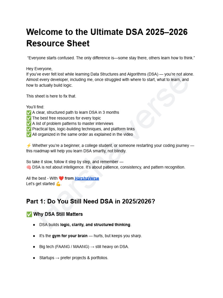 Harsha Verse DSA CrashCourse Resources | PDF | Computer Programming | Algorithms And Data Structures