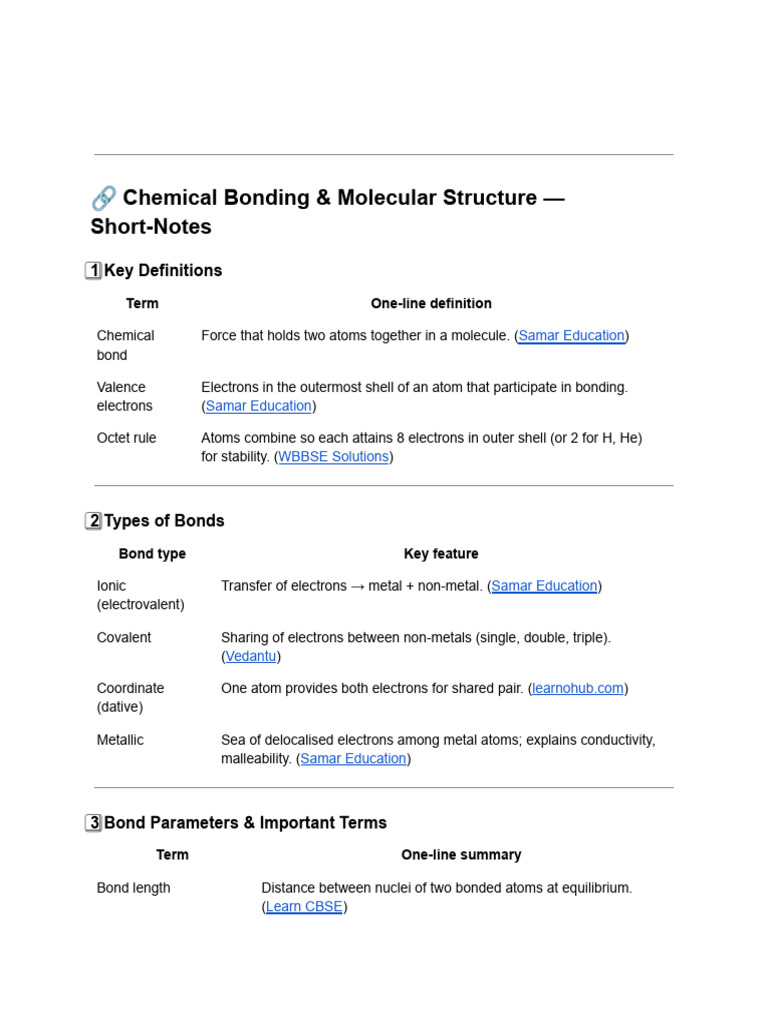 Chemical Bonding & Molecular Structure Notes | PDF | Chemical Bond ...