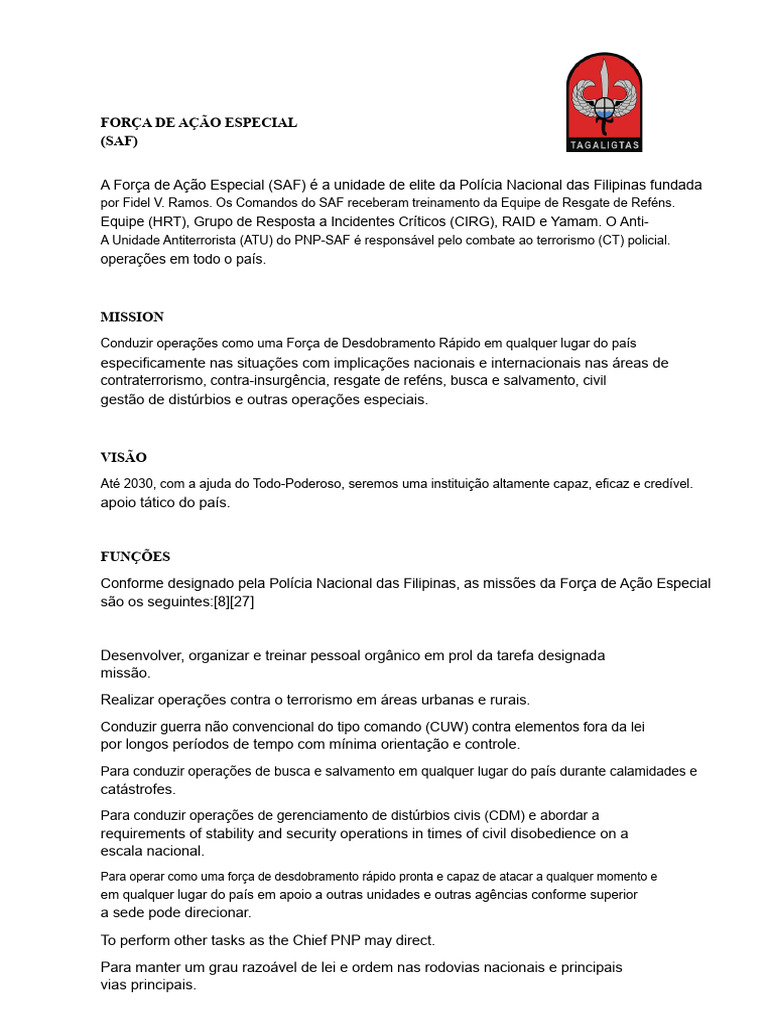 FORÇA DE AÇÃO ESPECIAL | PDF | Forças especiais | Segurança nacional