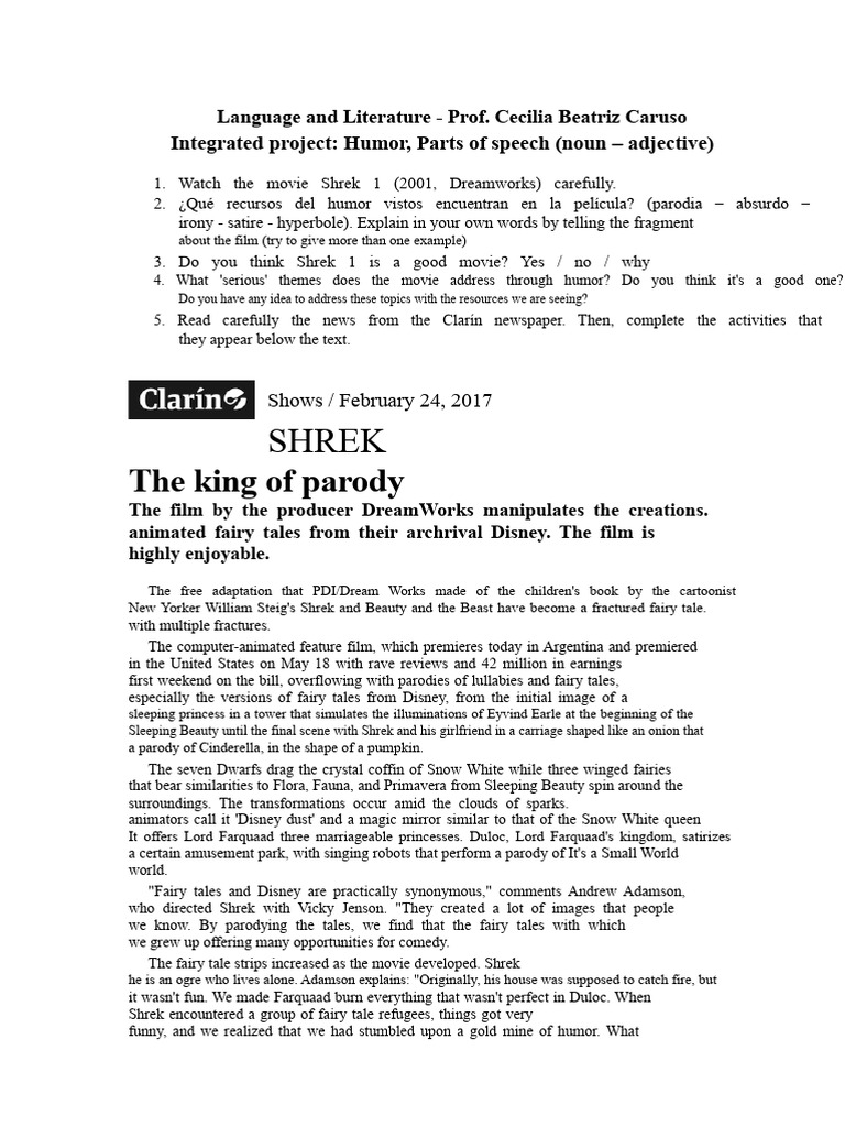 Activities For Shrek - Humor and Parts of Speech | PDF | Walt Disney ...