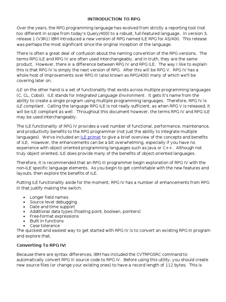 Introduction To RPG: ILE Primer | PDF | Ibm Rpg | Subroutine