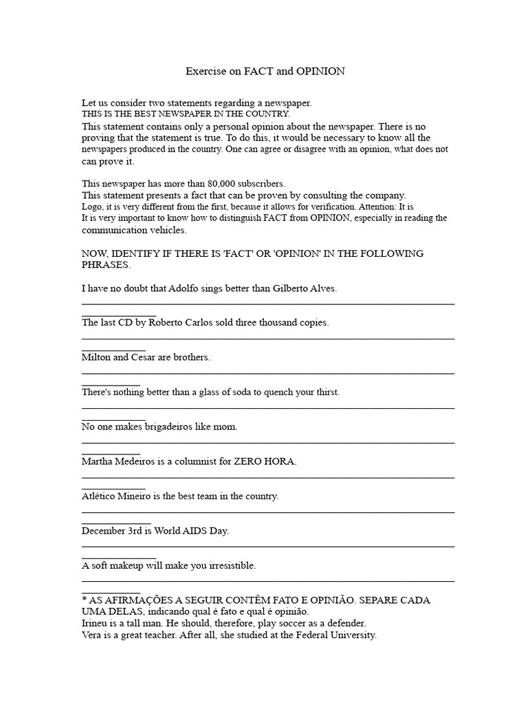 Fact vs. Opinion Exercise Guide | PDF