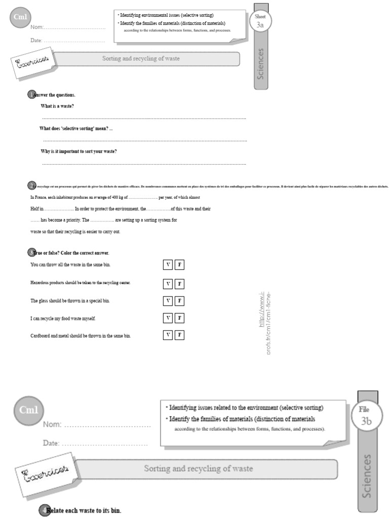 cm1 Exercises Waste Sorting | PDF | Recycling | Waste