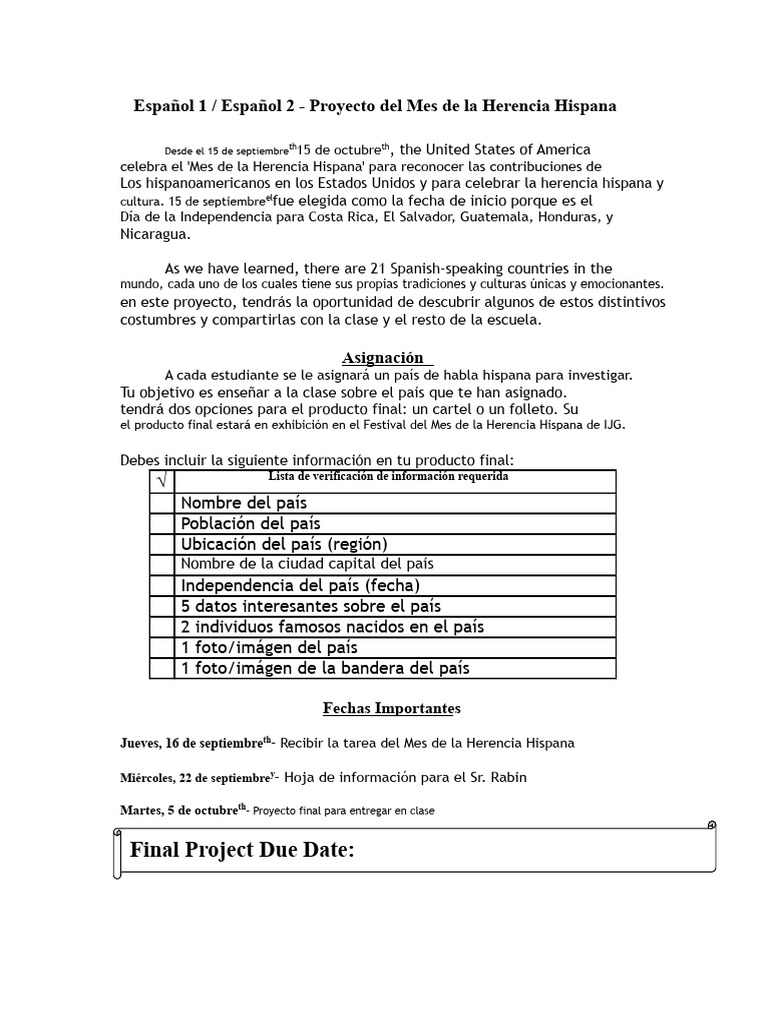 Span 1 - Instrucciones Del Proyecto Del Mes de La Herencia Hispana ...
