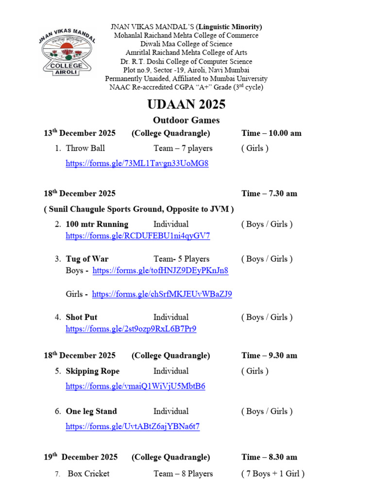 Events of UDAAN 2025 Outdoor Games List Date Time Venue | PDF