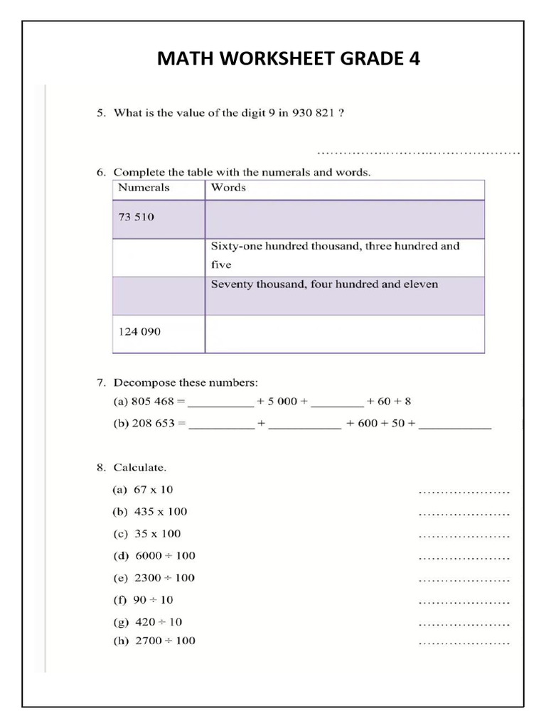 MATH WORKSHEET GRADE 4 | PDF
