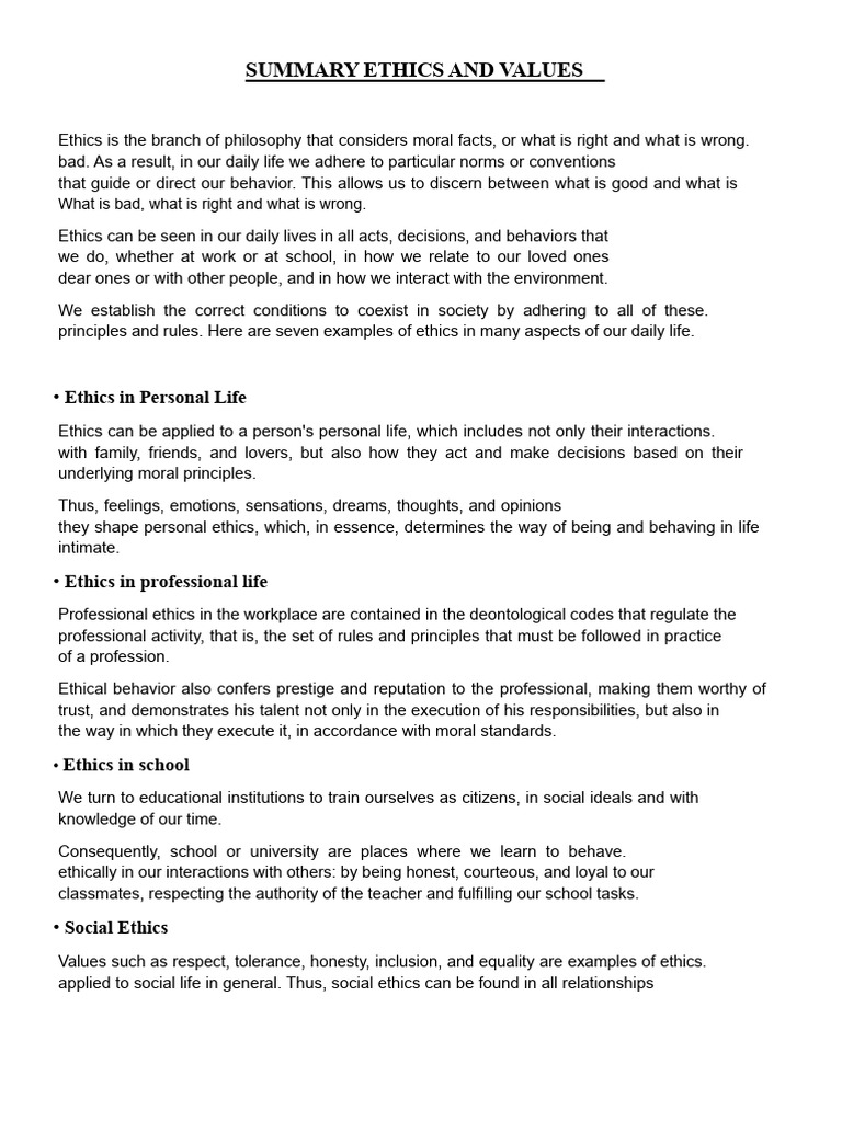 SUMMARY ETHICS AND VALUES | PDF | Value (Ethics) | Love