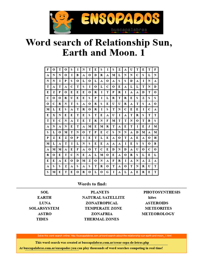 Word Search: Sun, Earth, Moon Terms | PDF | Moon | Earth