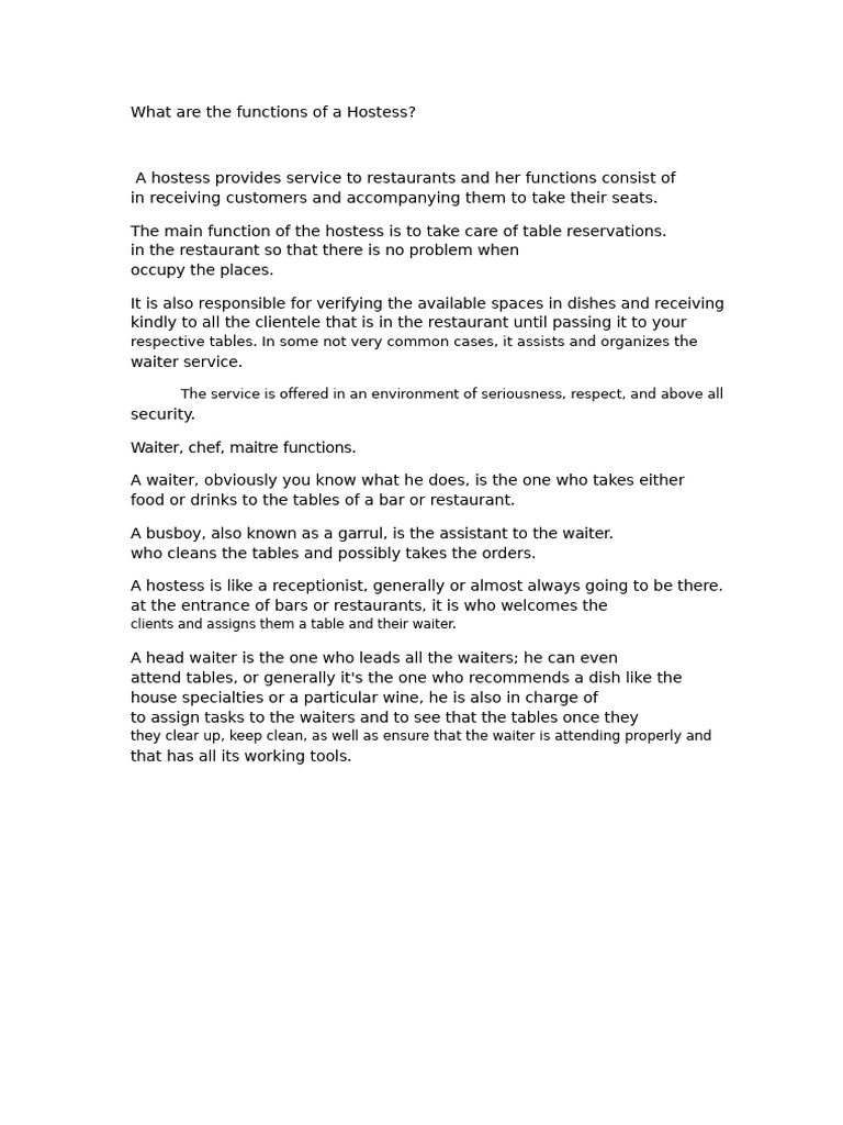 What Are The Functions of A Hostess | PDF | Waiting Staff | Restaurants
