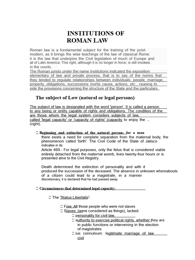 Overview of Roman Law Institutions | PDF | Marriage | Family