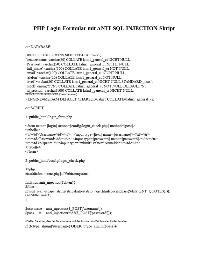 PHP-Login-Formular mit Anti-SQL-Injection-Skript | PDF