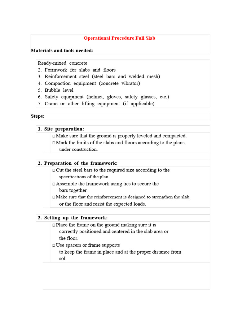 Operational procedure Full Slab | PDF | Concrete | Civil Engineering