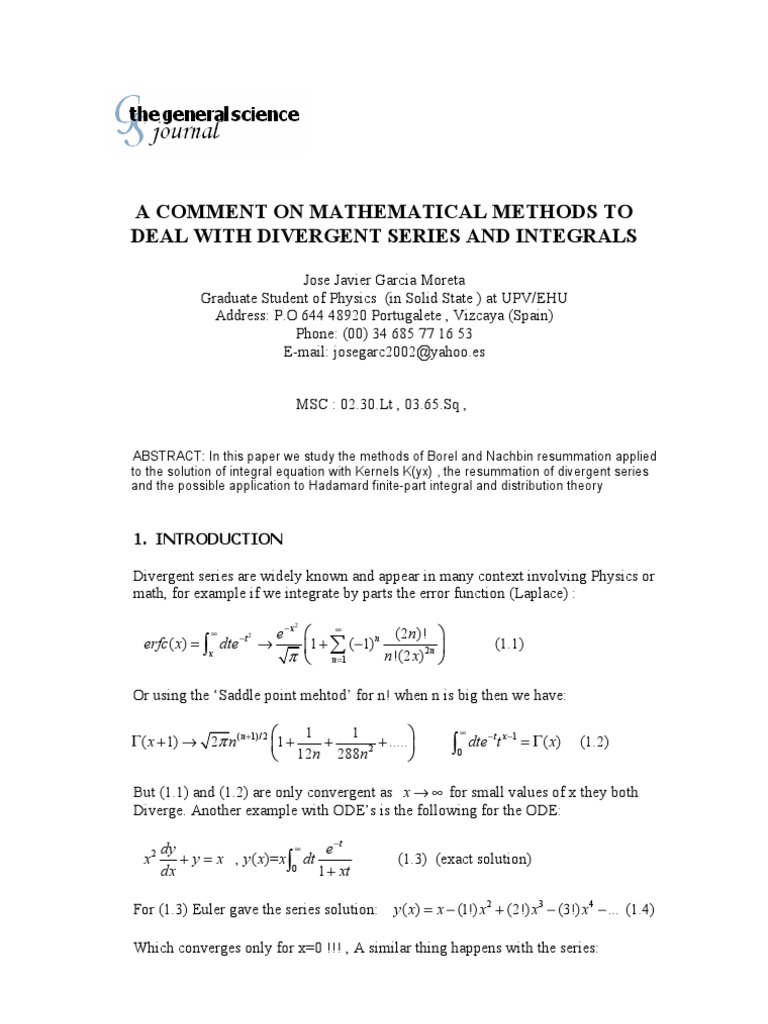 A Comment On Methods To Deal With Divergent Series and Integrals | PDF ...