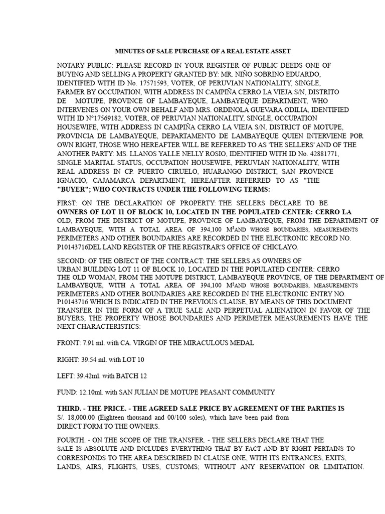 MINUTE OF PURCHASE AND SALE OF LAND LOT | PDF | Taxes | Civil Law ...