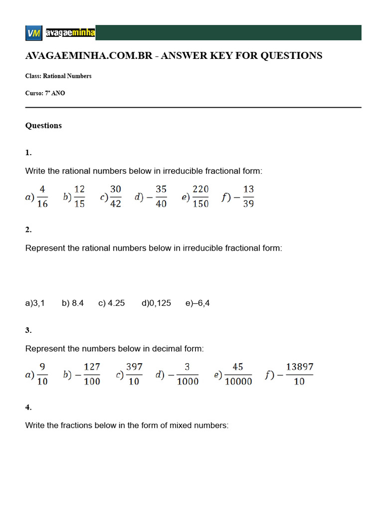 Rational Numbers Answer Key for 7th Grade | PDF | Number Theory ...