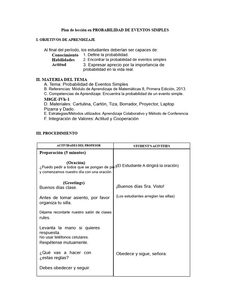 PLAN DE LECCIÓN EN Probabilidad de Eventos Simples | PDF | Probabilidad ...