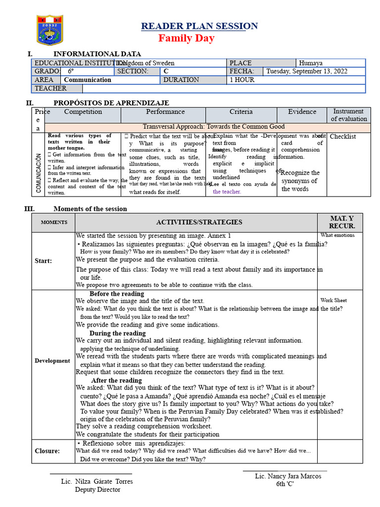 Family Day Reading Comprehension Plan | PDF