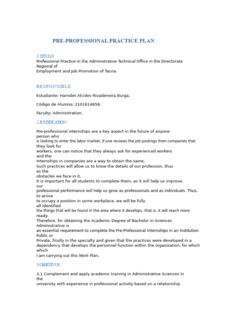 Pre-Professional Internship Plan. | PDF | Labor | Business