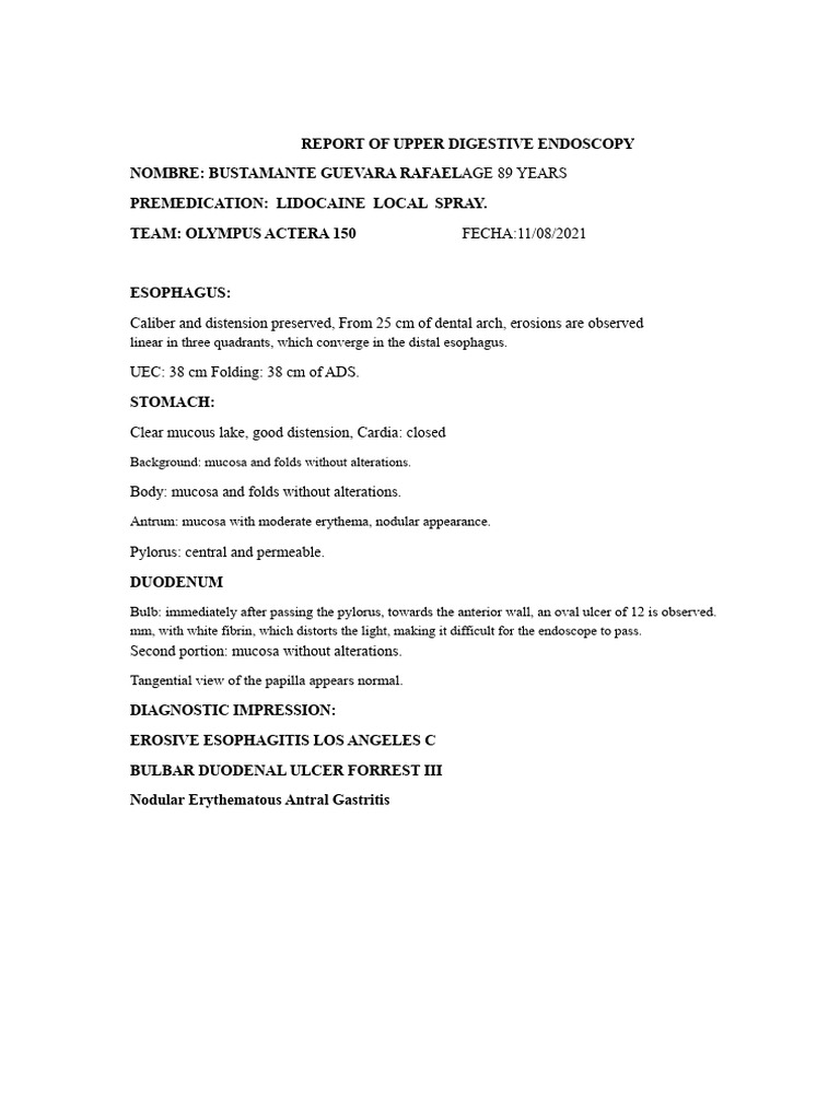 Upper Digestive Endoscopy Report Bustamante | PDF